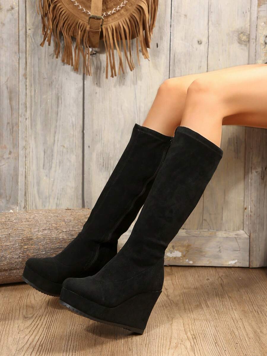 Fashionable Elastic Side Zipper Women's Wedge Heel Platform Boots ...