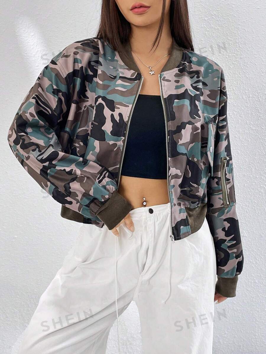 SHEIN EZwear Camo Print Flap Pocket Bomber Jacket | SHEIN USA