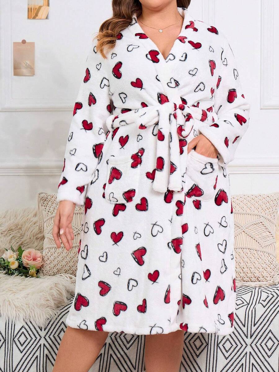 Plus Size Cute Flannel Heart Print Long Robe With Belted Regular Sleeve ...