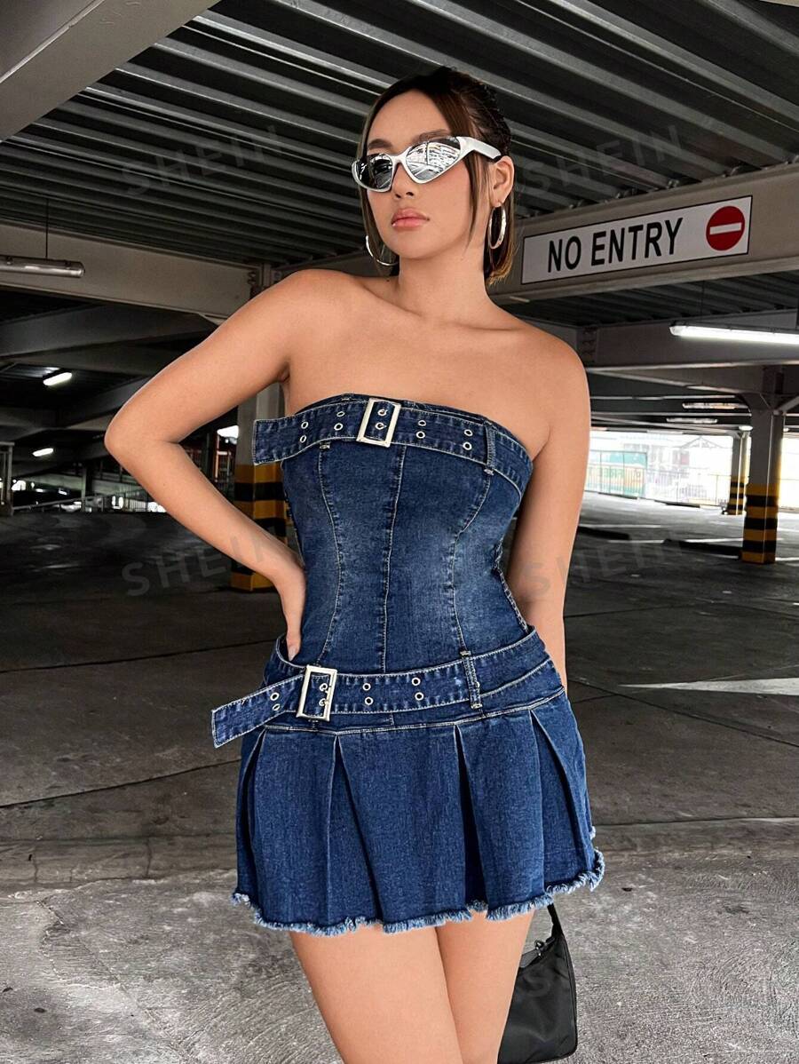 SHEIN ICON Buckle Detail Raw Hem Tube Denim Dress | SHEIN USA