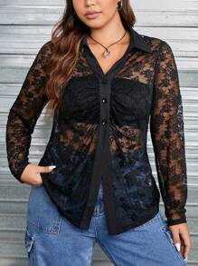 SHEIN EZwear Plus Button Front Lace Shirt Without Bra | SHEIN USA
