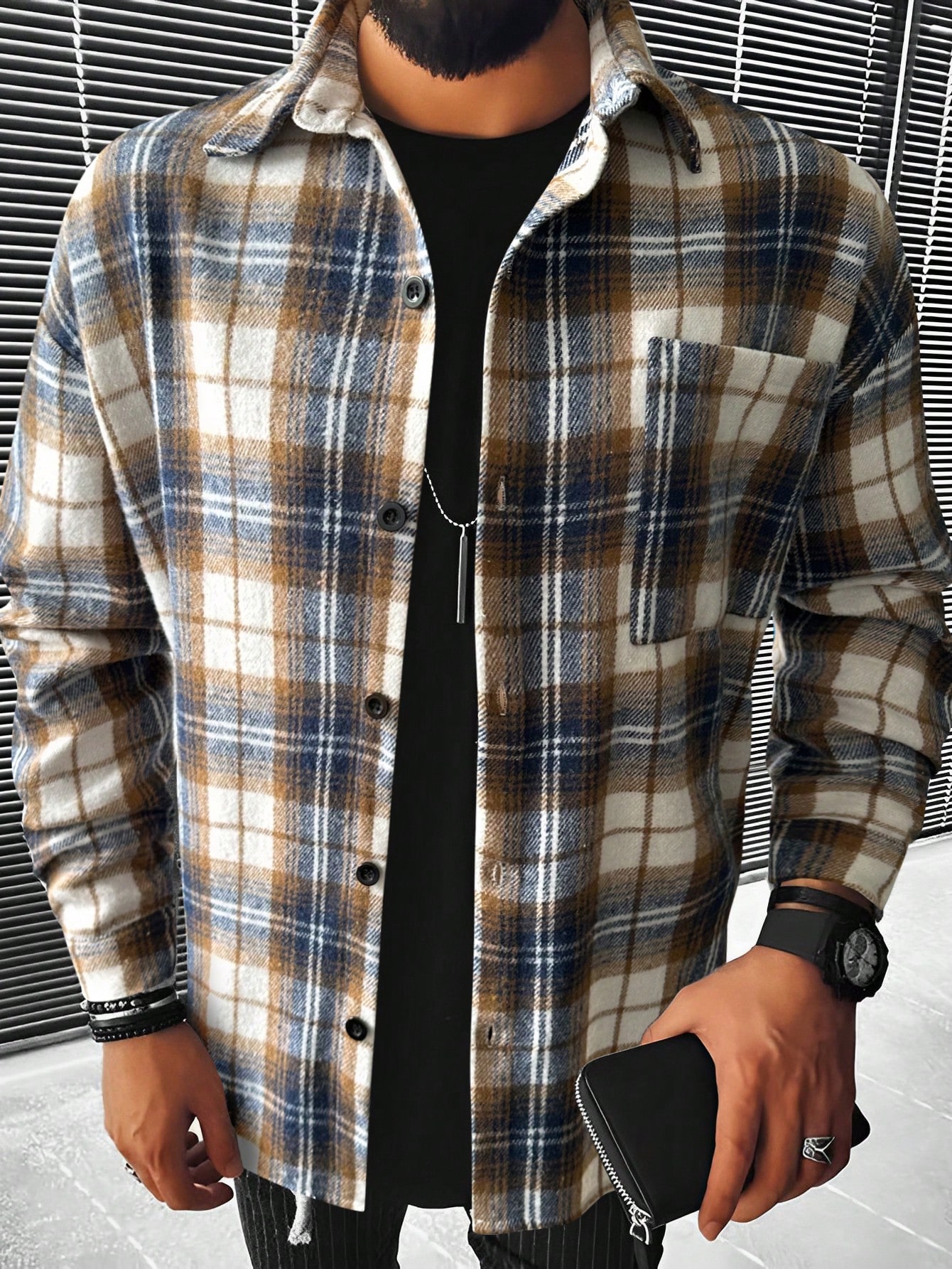 Manfinity Homme Loose Fit Men's Plaid Printed Pocket Patched Shacket | SHEIN USA