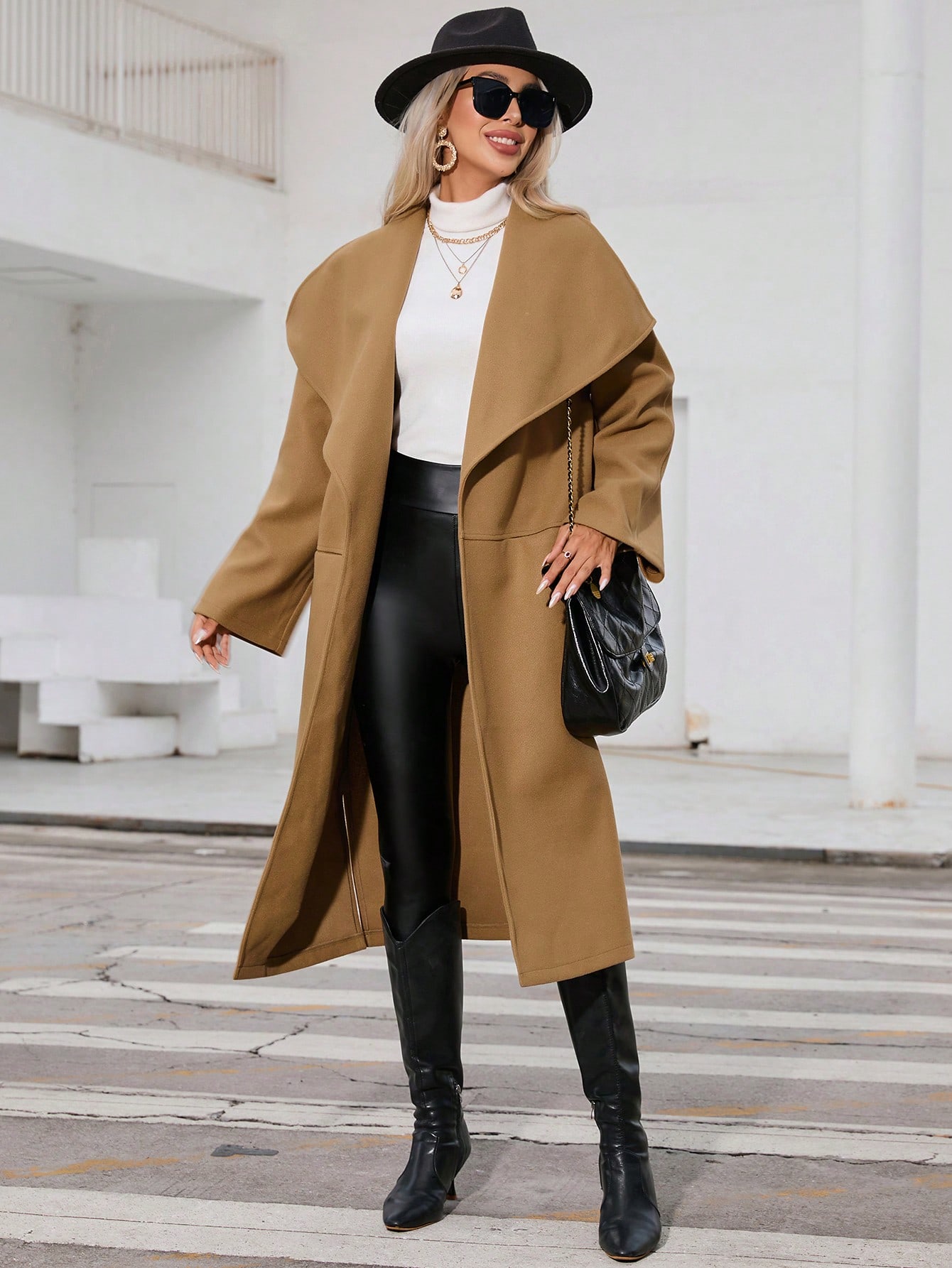 SHEIN Privé Waterfall Collar Slant Pocket Overcoat | SHEIN USA