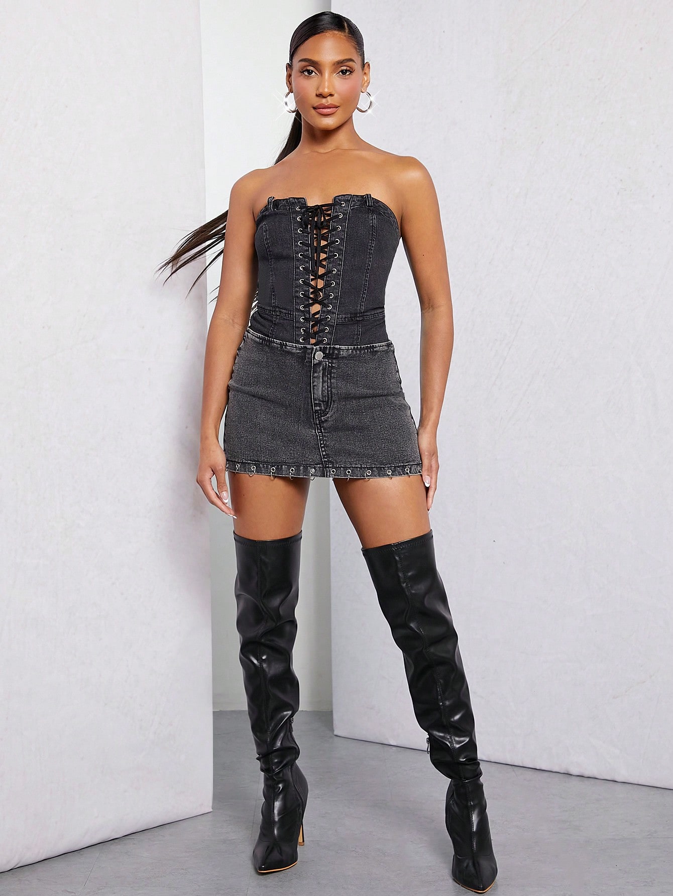 Minami Lace Up Strapless Denim Bodysuit | SHEIN USA