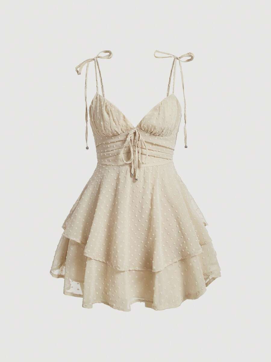 SHEIN MOD Swiss Dot Tie Shoulder Drawstring Front Two Layer Hem Cami ...