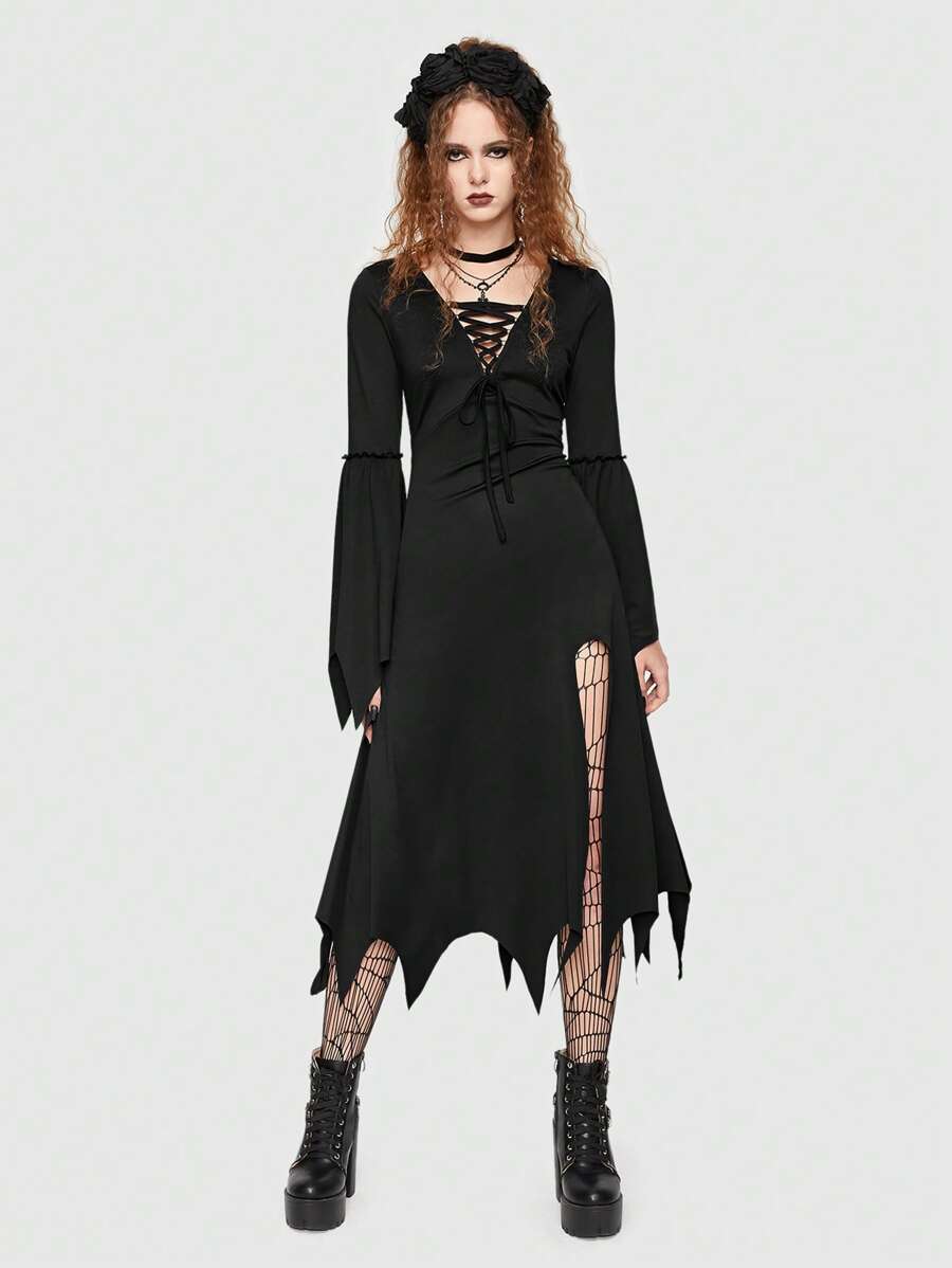 ROMWE Goth Lace Up Front Flare Sleeve Split Asymmetrical Hem Dress ...