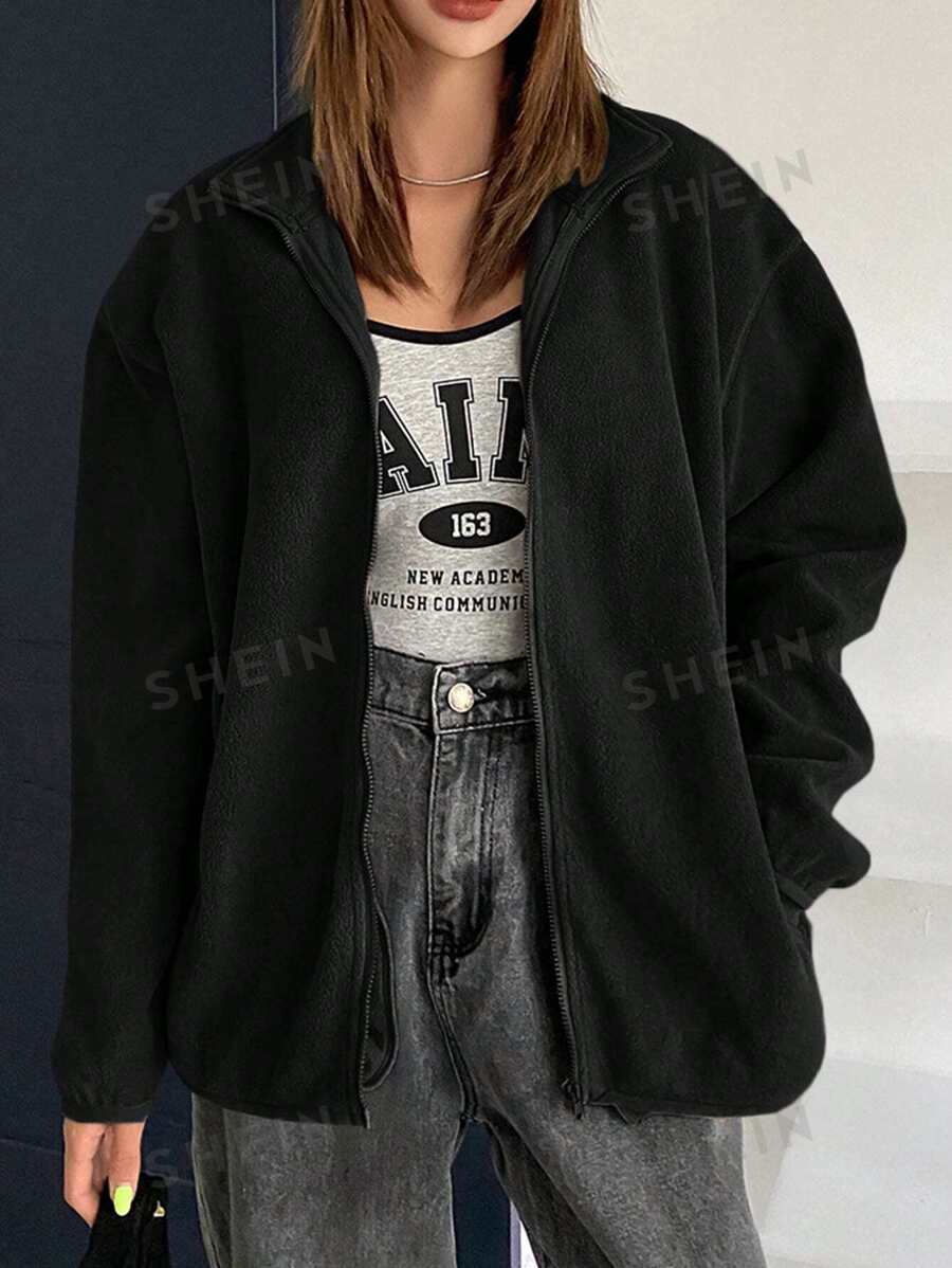 DAZY Zip Up Drop Shoulder Fleece Jacket | SHEIN UK