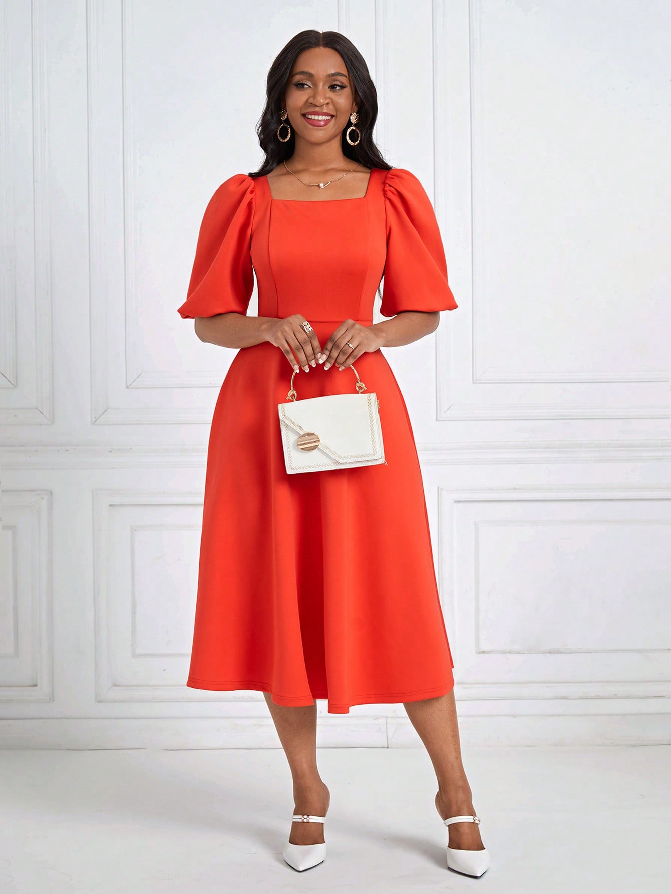 SHEIN Lady Gola Quadrada Manga Bufante Vestido Linha A | SHEIN Brasil