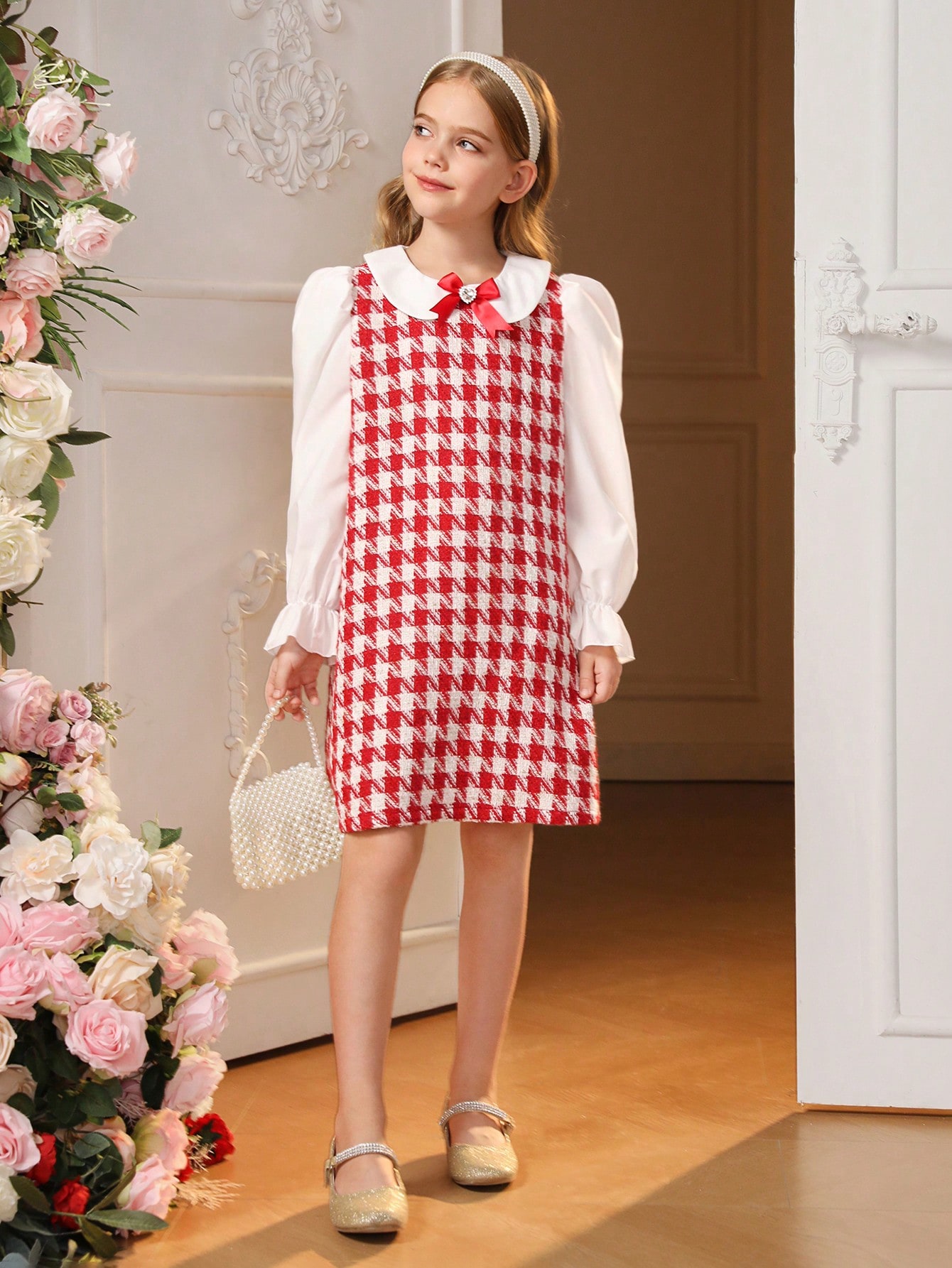 SHEIN Adolescent Fille Robe 2 En 1 À Pied-De-Poule À Manche Évasée À ...