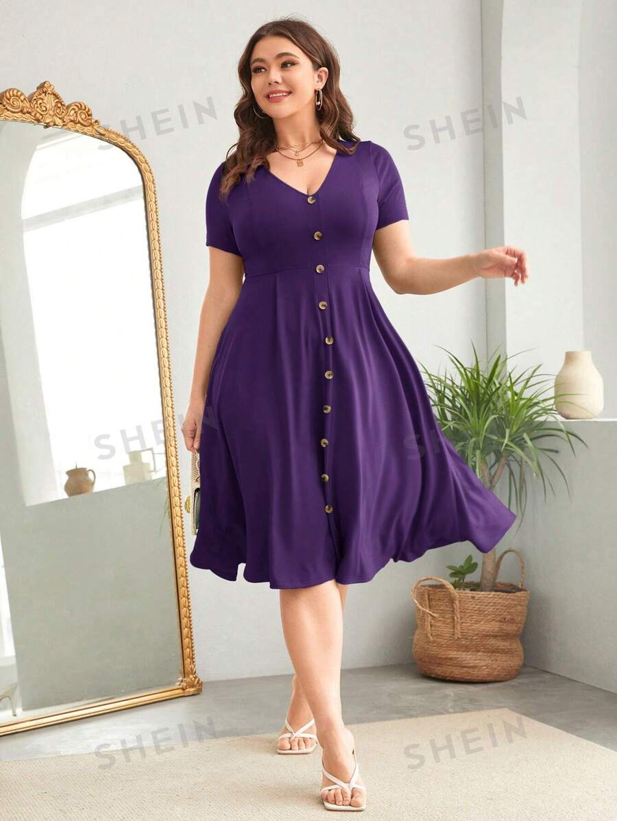 SHEIN Clasi Plus Button Front A-line Dress | SHEIN USA