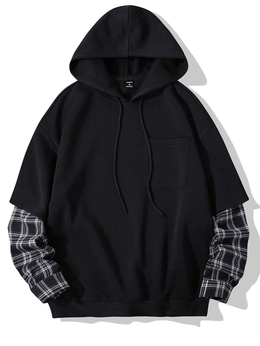 Manfinity Hypemode Men's Casual Loose Plaid Contrast Sleeve Drop Shoulder Drawstring Hoodie ...