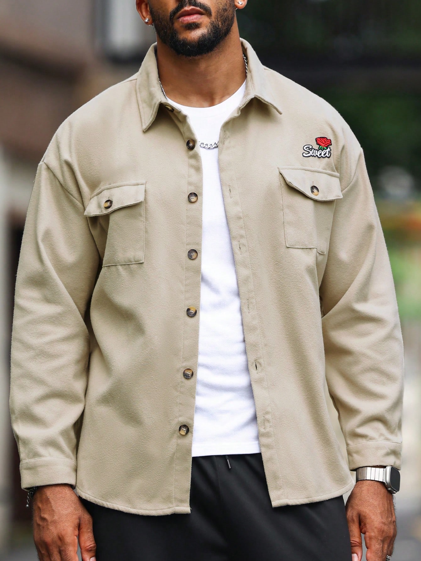 Manfinity Homme Men Letter Patched Detail Flap Pocket Drop Shoulder Flap Pocket Button Up ...