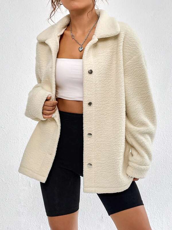 Drop Shoulder Button Front Teddy Coat | SHEIN USA