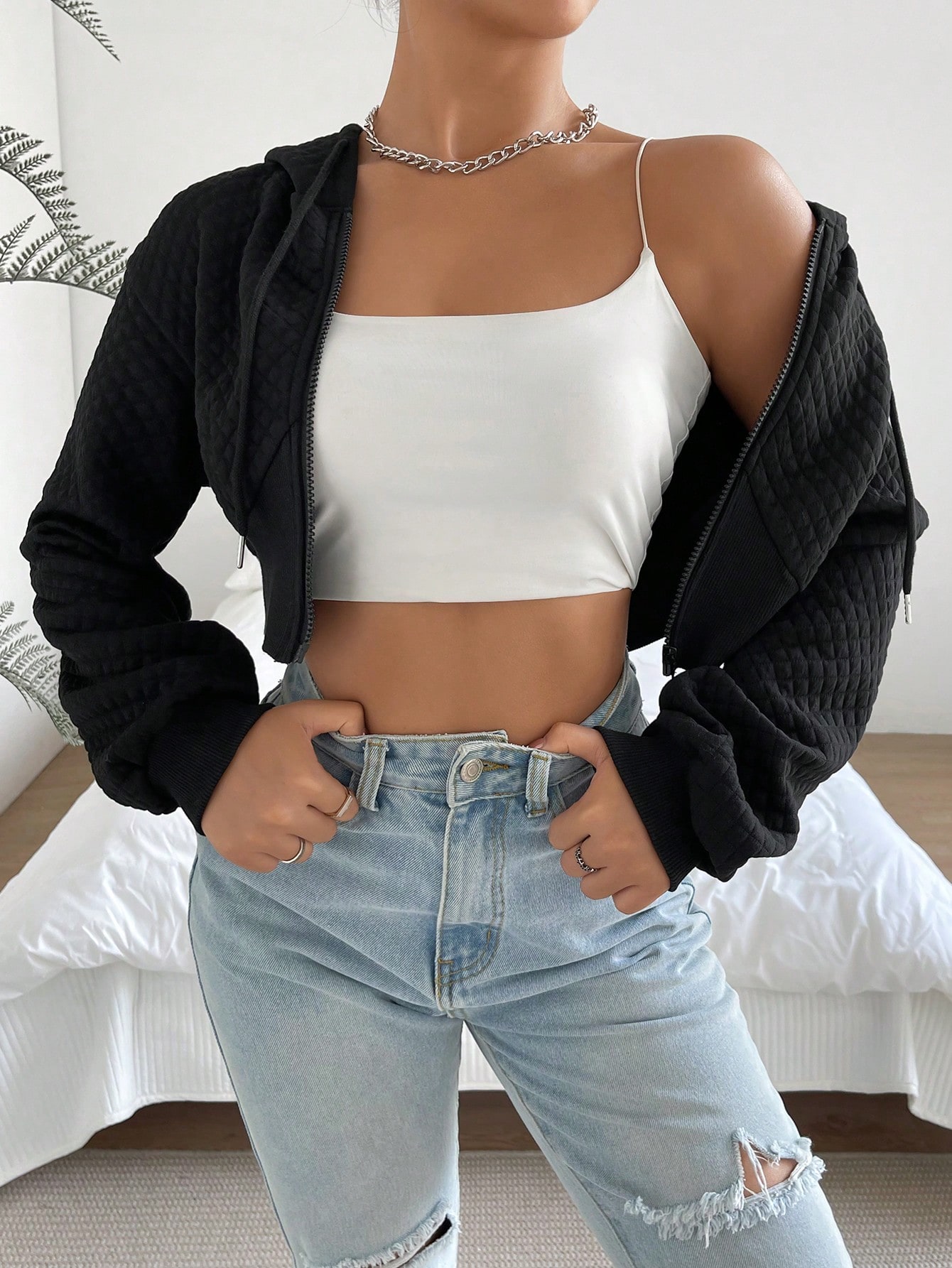 SHEIN Privé Crop Jacke mit Reißverschluss, Drop Shoulder Tunnelzug, Kapuze, | aktuelle Trends ...