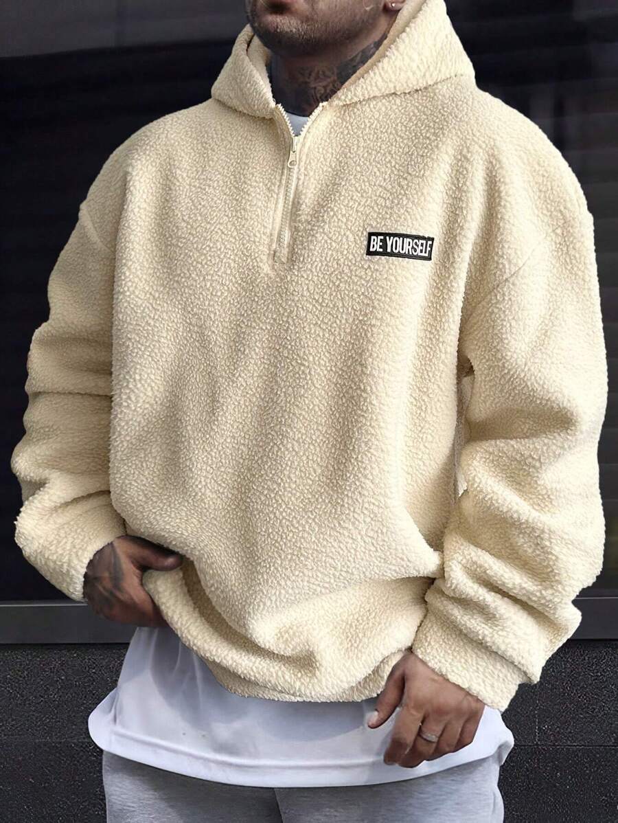 Manfinity Homme Men Letter Patched Half Zip Long Sleeve Oversize Teddy Sweatshirt, Boyfriend ...