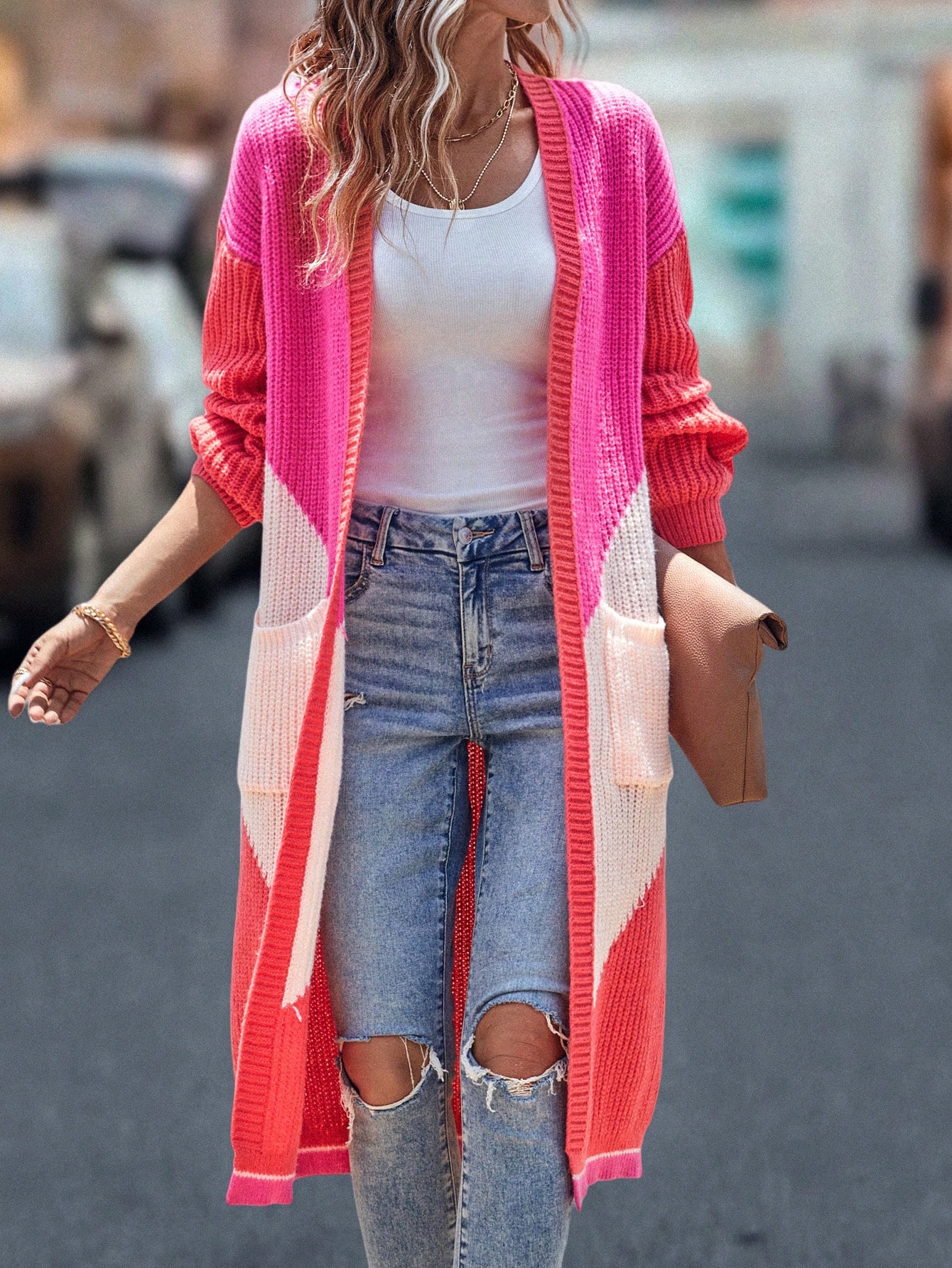 Shein Lune Color Block Dual Pocket Drop Shoulder Cardigan Shein Usa