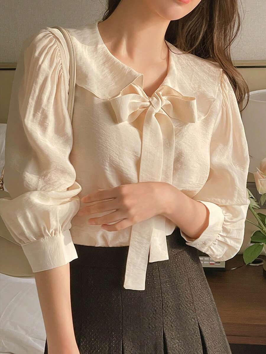 DAZY Solid Tie Front Peter Pan Collar Blouse | SHEIN UK