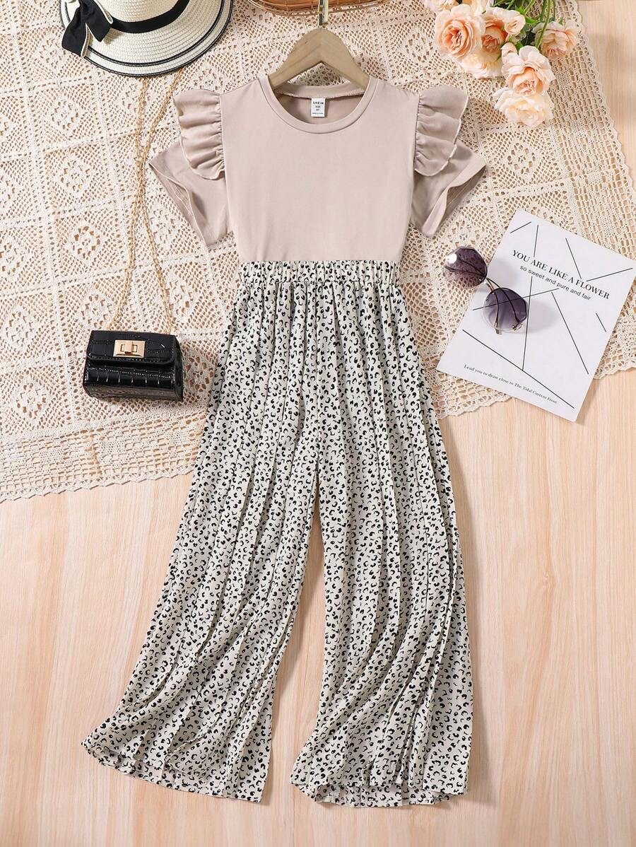 SHEIN Tween Girl Ruffle Trim Top & Allover Print Pleated Wide Leg Pants ...