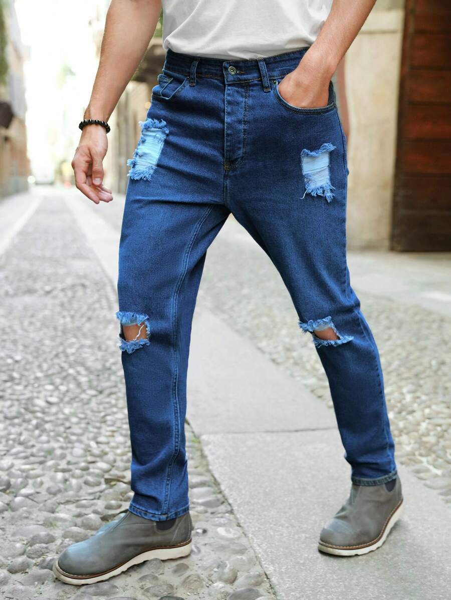 RueChic Men Ripped Frayed Tapered Jeans | SHEIN USA