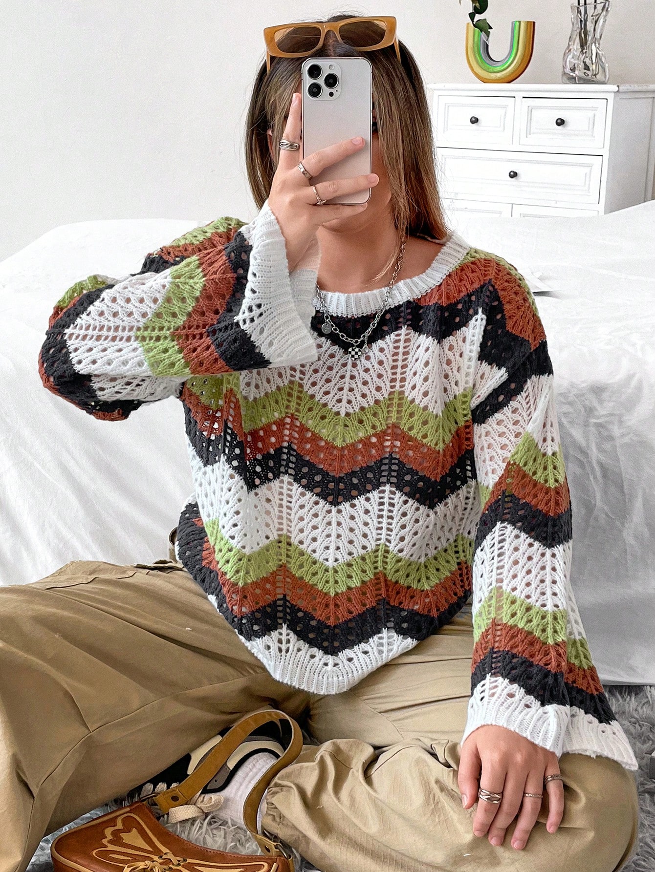 Plus Chevron Pattern Pointelle Knit Drop Shoulder Sweater | SHEIN USA