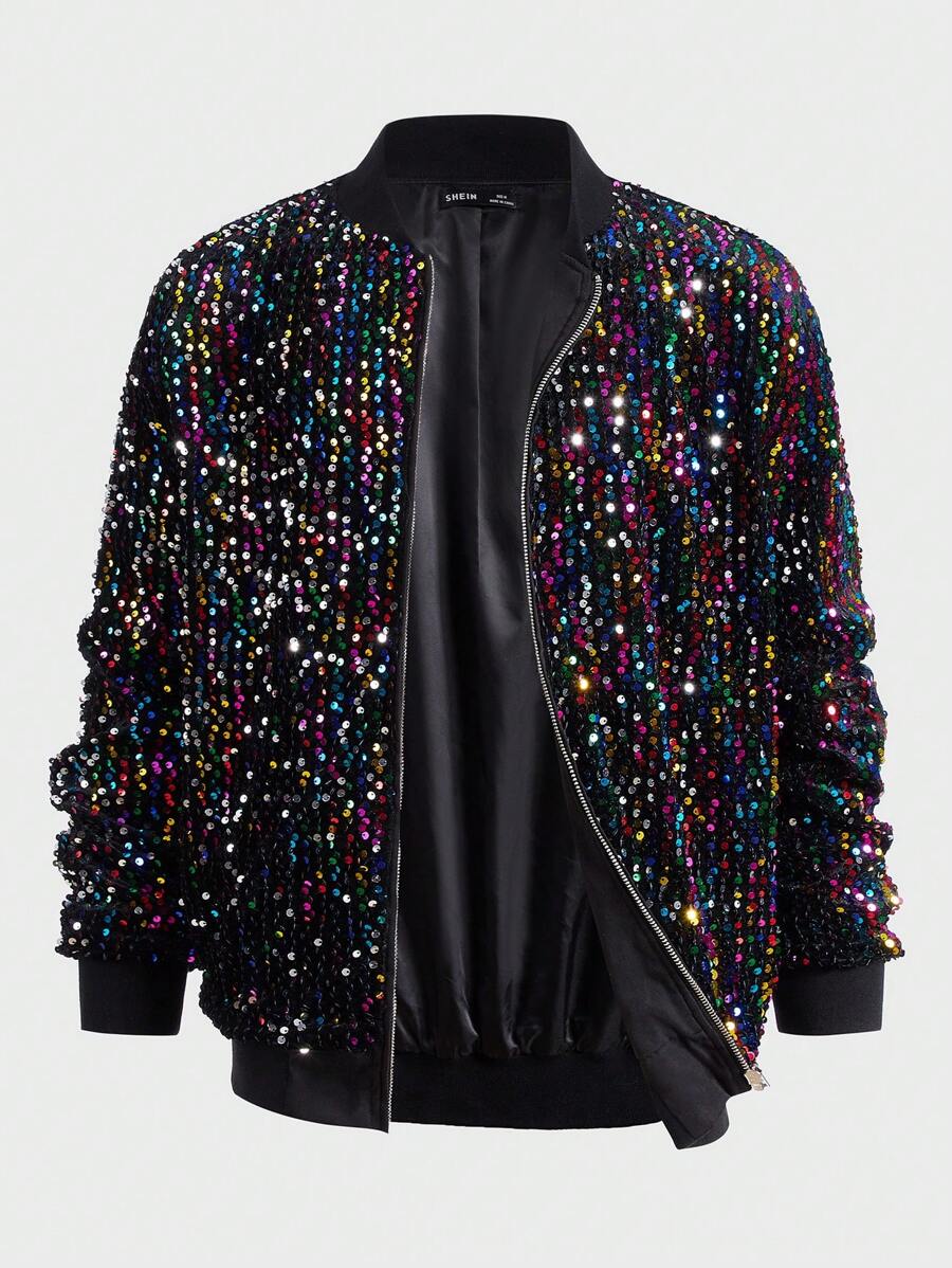Manfinity NiteLyfe Men Fashion Zip Up Sequin Bomber Jacket, Party Fashion Black Long Sleeve ...