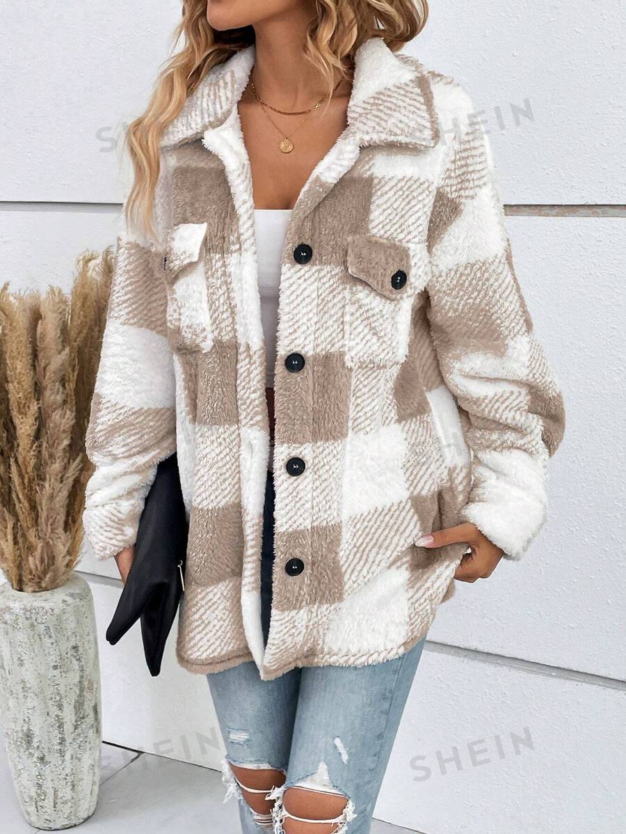 SHEIN LUNE Buffalo Plaid Pattern Drop Shoulder Flap Pocket Teddy Coat | SHEIN UK