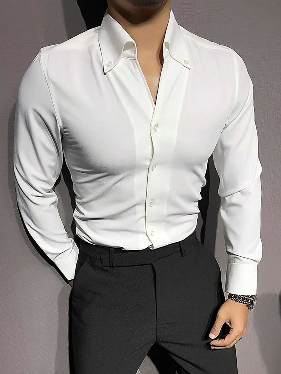 Manfinity Mode Men Solid Button Front Shirt Slim Fit Long Sleeve Plain ...