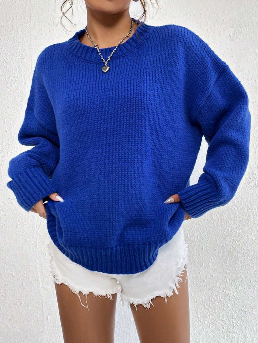 Flirla Solid Drop Shoulder Sweater,Long Sleeve Tops | SHEIN USA