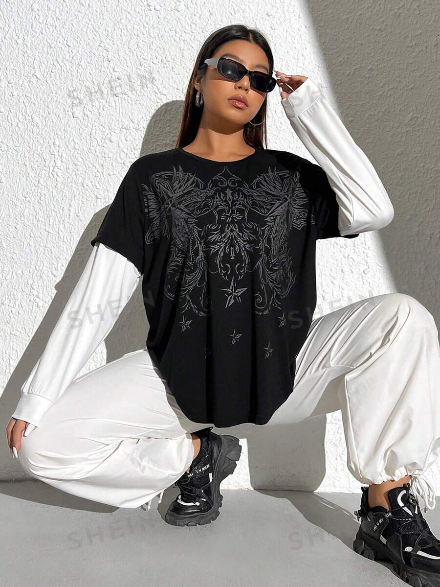 SHEIN EZwear Plus Graphic Print Two Tone Tee | SHEIN UK