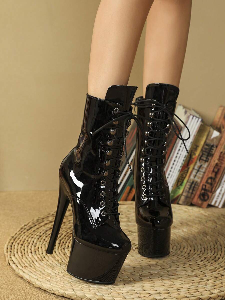 17cm High Heel Lace Up Low-cut Boots For Women, Patent Leather ...