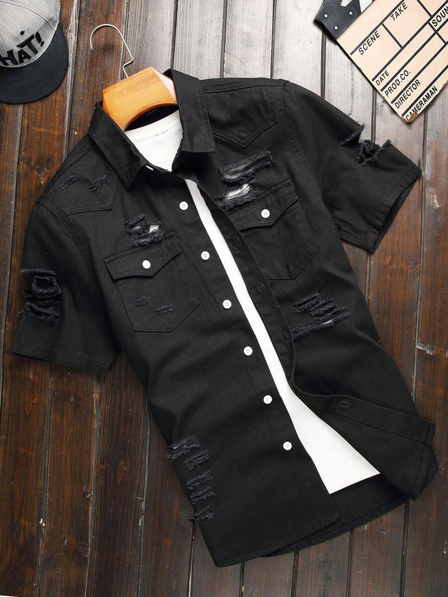 Manfinity Homme Men Ripped Flap Pocket Denim Shirt Without Tee | SHEIN USA