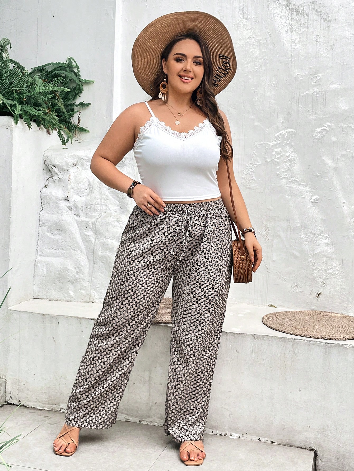 Shein Frenchy Plus Contrast Lace Cami Top And Allover Print Pants Shein Usa