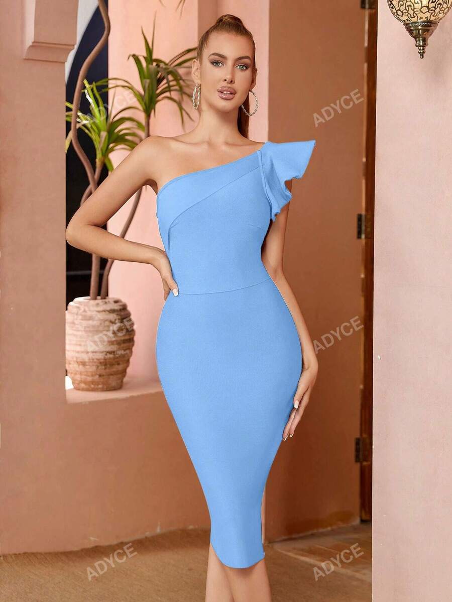 ADYCE One Shoulder Ruffle Trim Split Back Bandage Dress | SHEIN USA