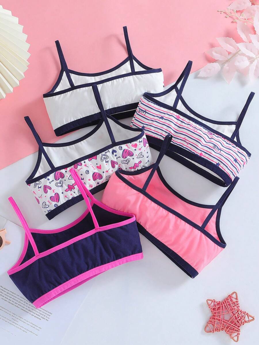 Tween Girl 5pcs Striped & Heart Print Contrast Binding Bra | SHEIN USA