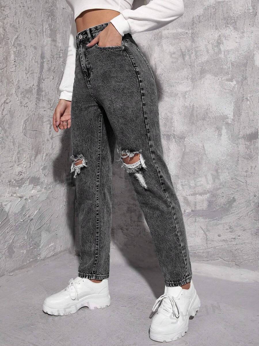 SHEIN EZwear High Waist Ripped Mom Jeans | SHEIN USA