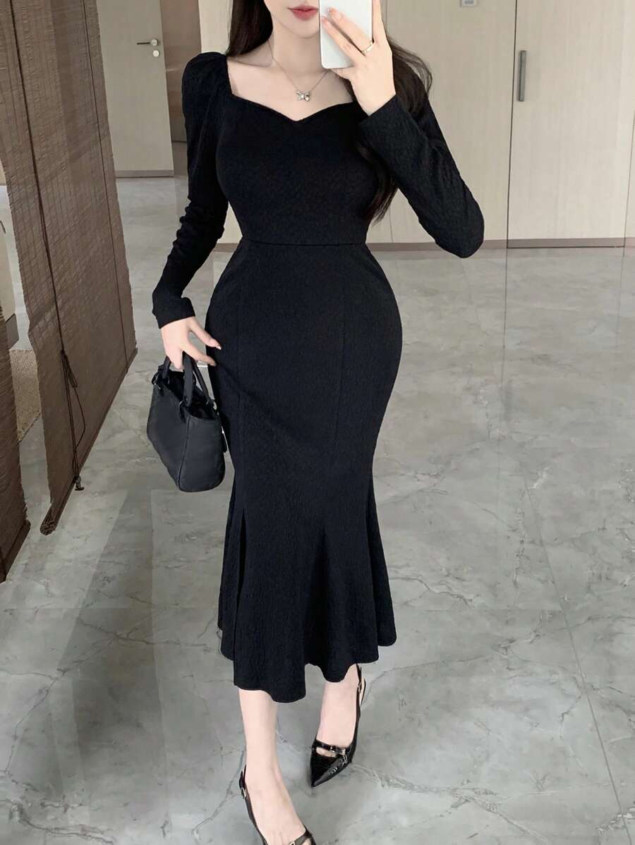 DAZY Solid Sweetheart Neck Mermaid Hem Dress,Fall Dress | SHEIN USA