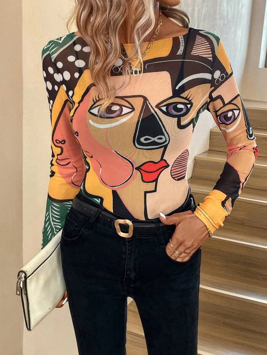 Luneh Figure Graphic Mesh Top | SHEIN USA