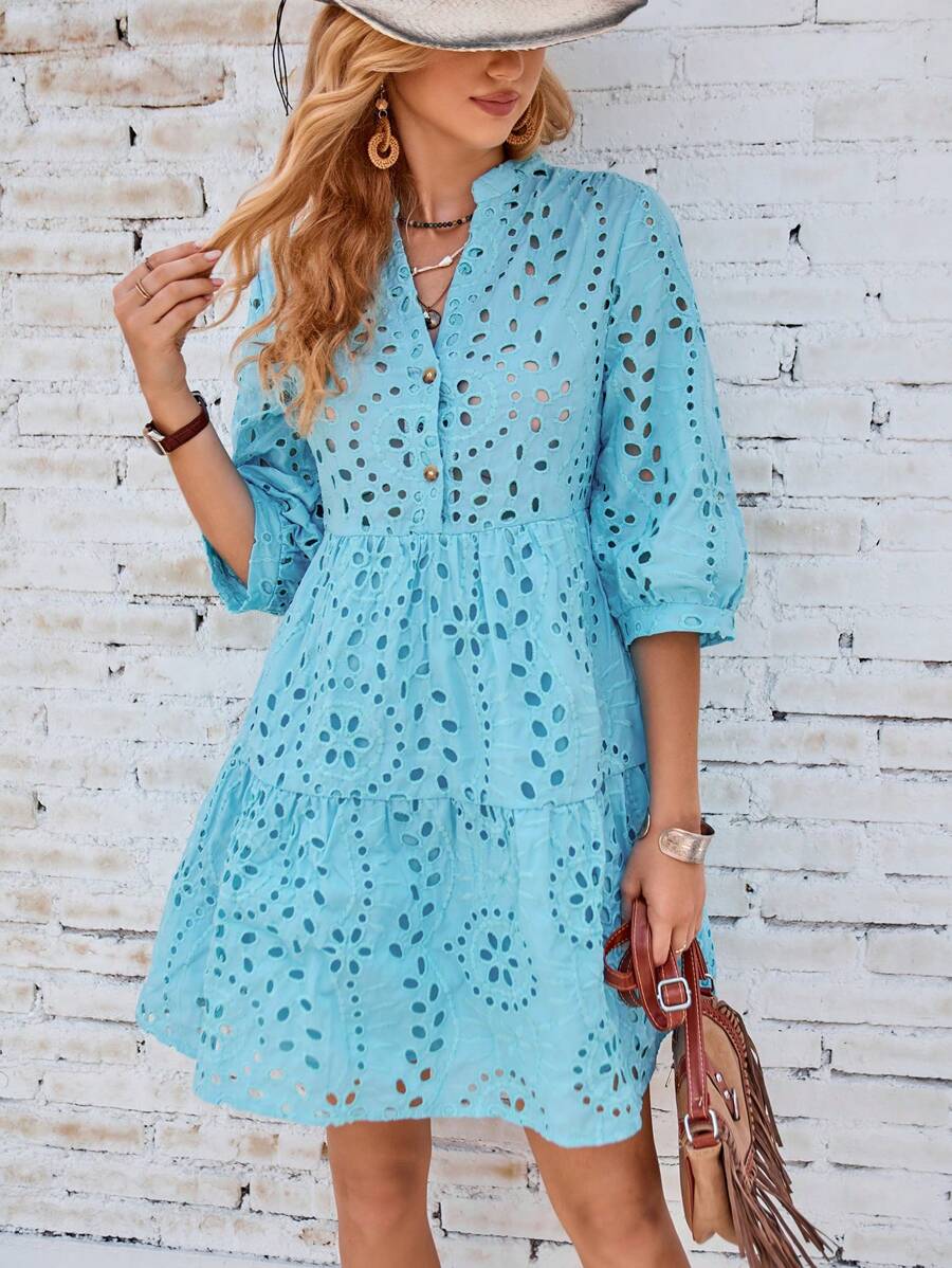 SHEIN VCAY Eyelet Embroidery Button Front Smock Dress | SHEIN USA