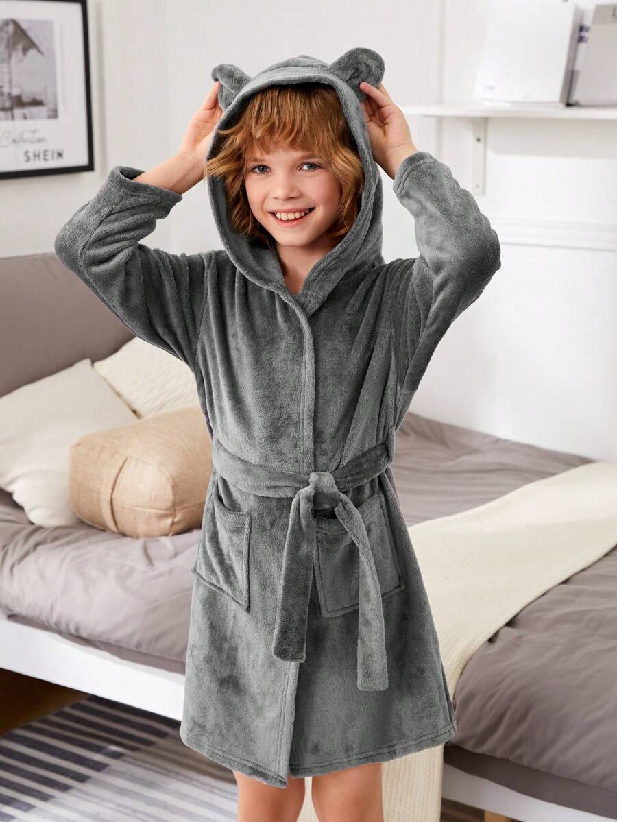 SHEIN Tween Boy 3D Ear Design Hooded Belted Flannel Robe | SHEIN USA