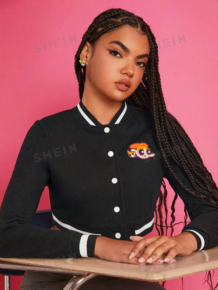 THE POWERPUFF GIRLS X SHEIN Cartoon Graphic Striped Trim Crop Jacket ...