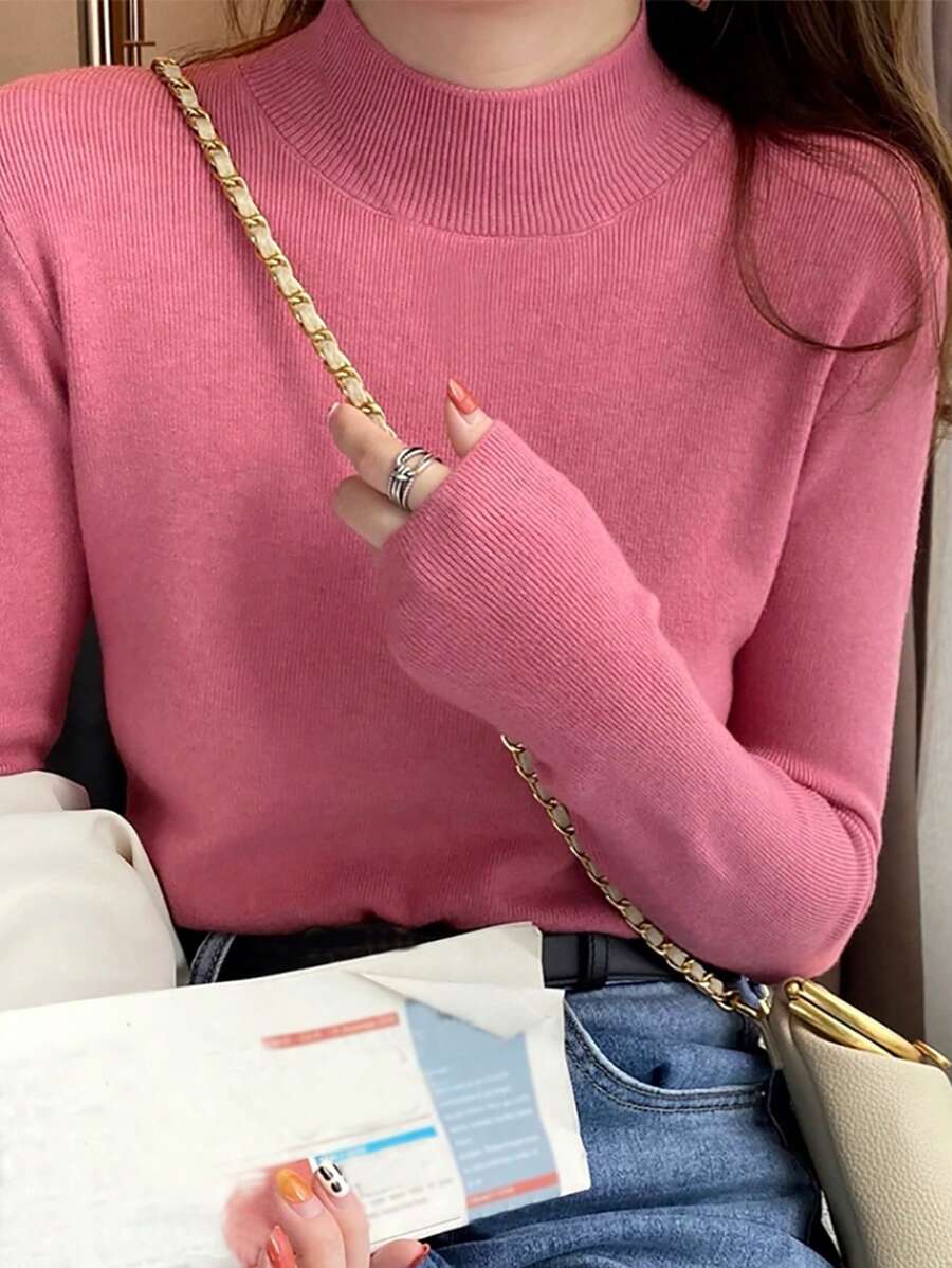 Solid Mock Neck Ribbed Knit Sweater Shein Usa