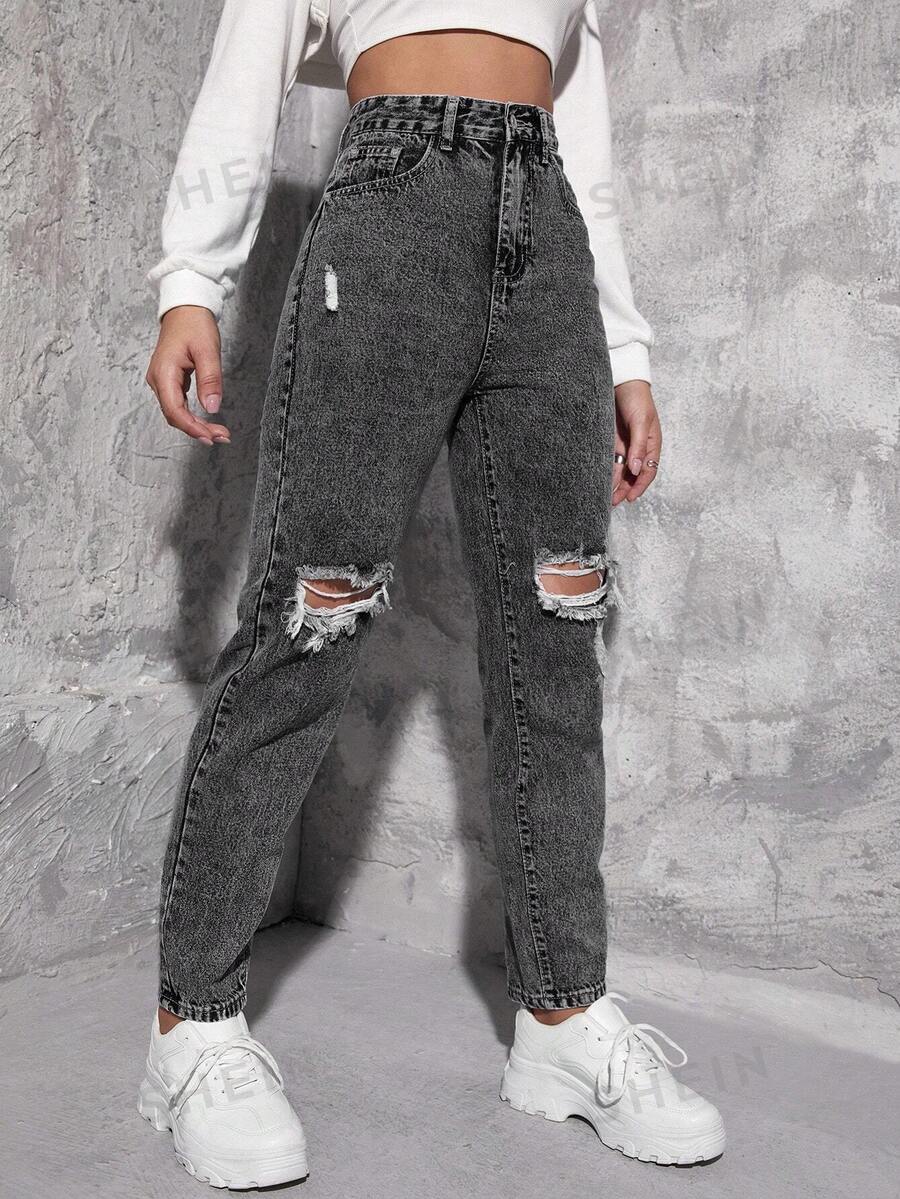 SHEIN EZwear High Waist Ripped Mom Jeans | SHEIN USA