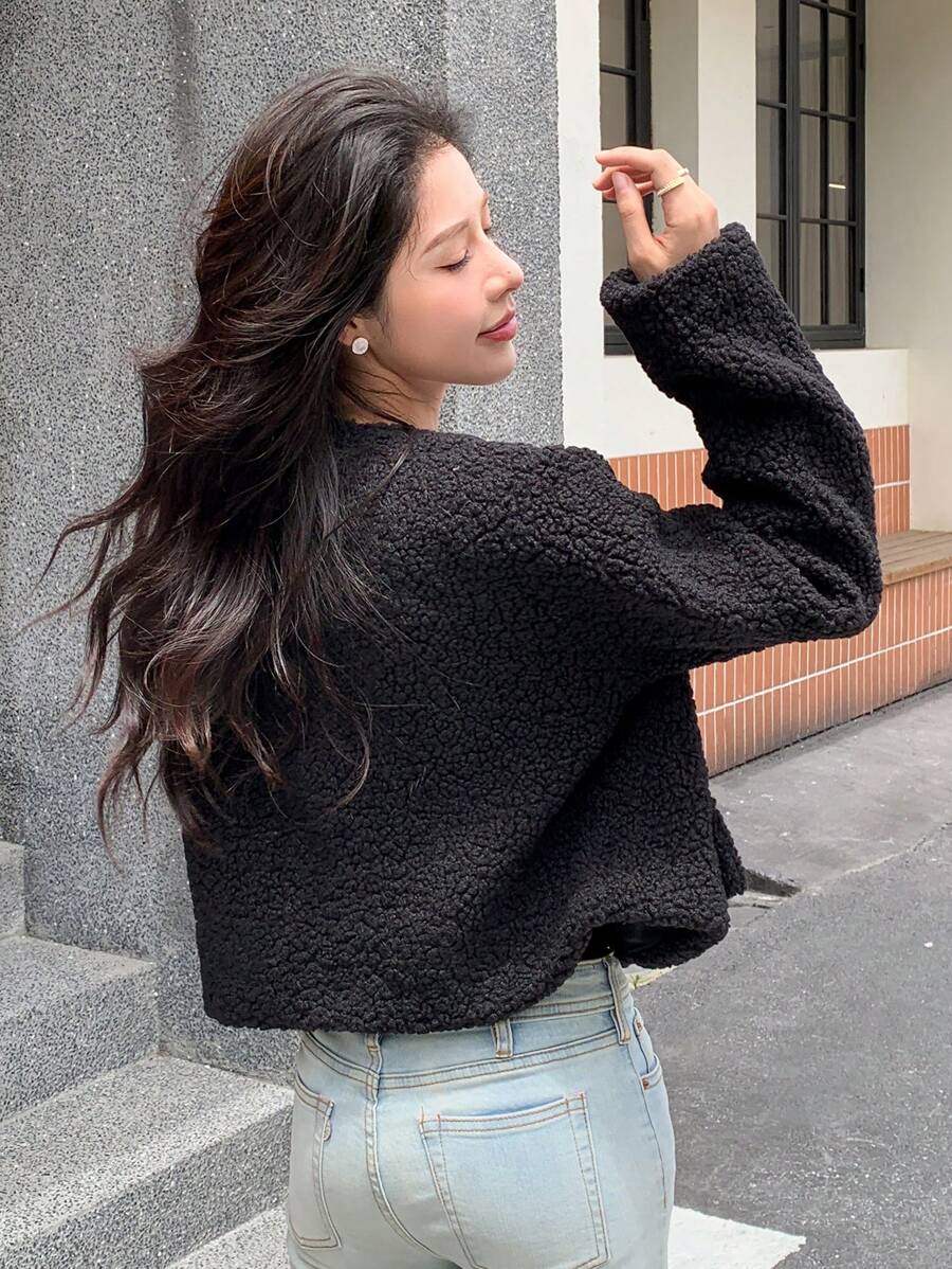 DAZY ソリッドボタンフロント フラップディテール テディジャケット、レディース 晩秋カジュアルボタンレギュラースリーブラウンドネック ...