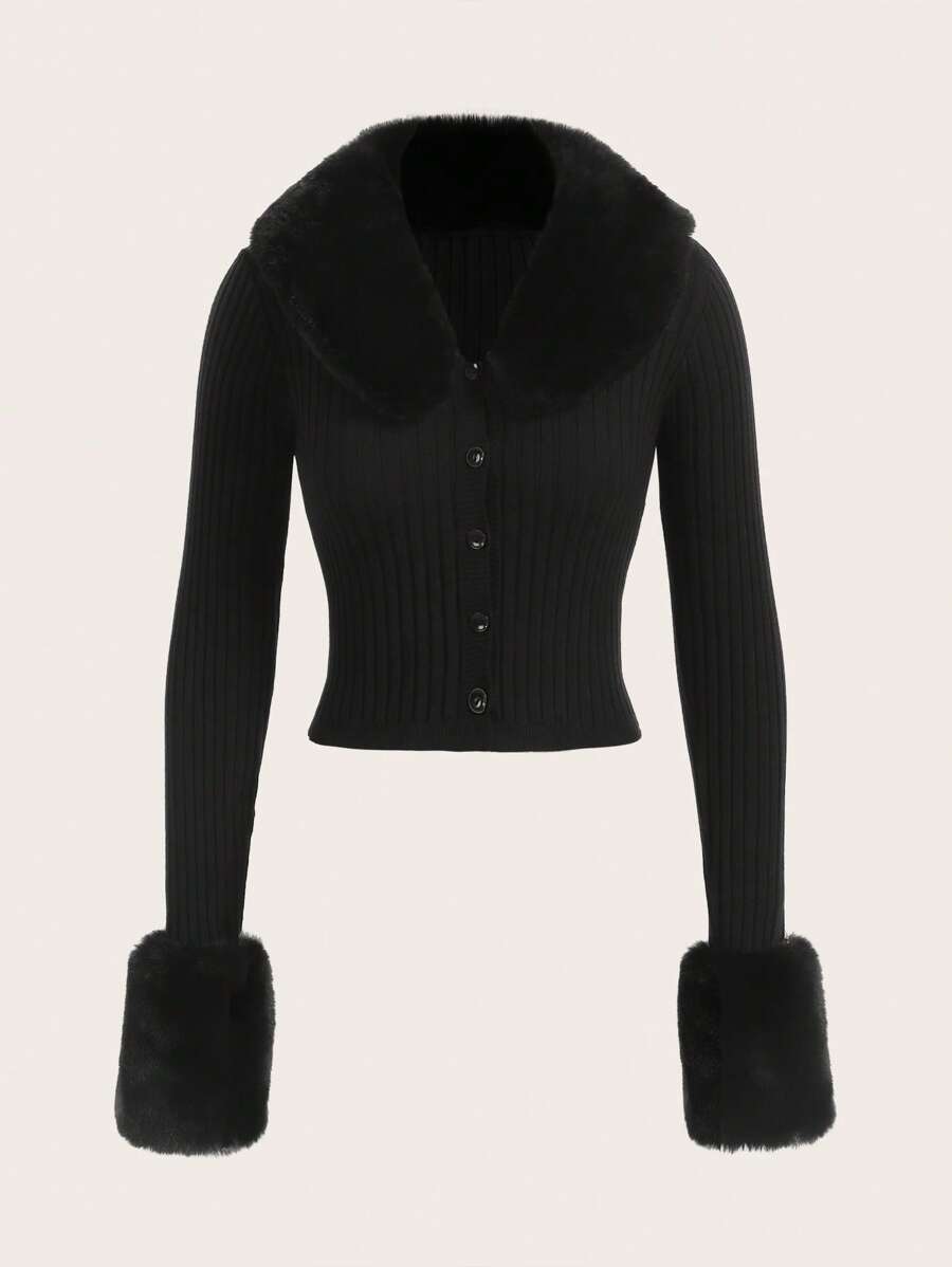 SHEIN ICON Borg Collar Fuzzy Cuff Tight Cut Black Long Sleeves Cardigan ...