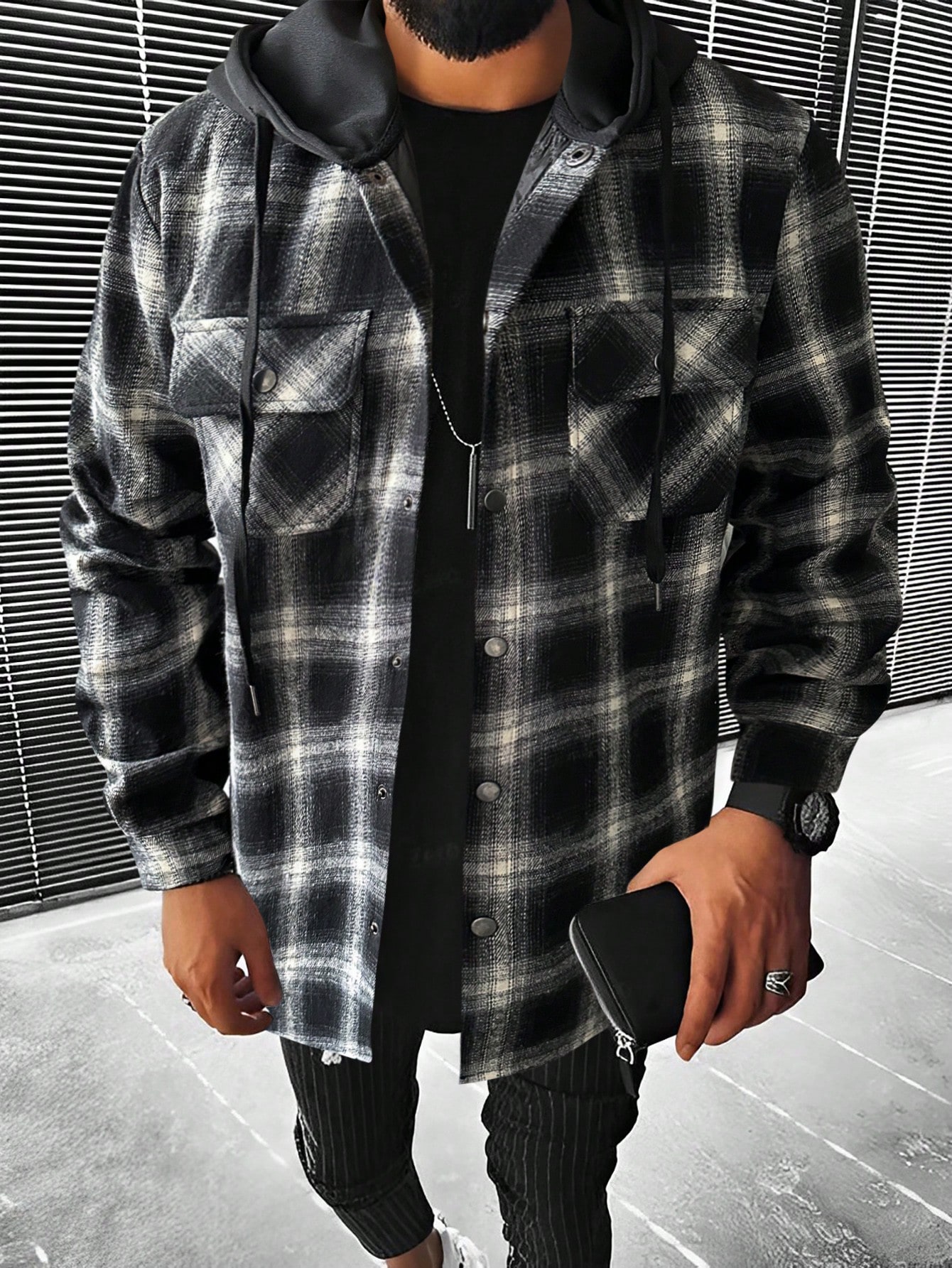 Manfinity Homme Loose Fit Men's Plaid Print Drawstring Hooded Shacket | SHEIN USA