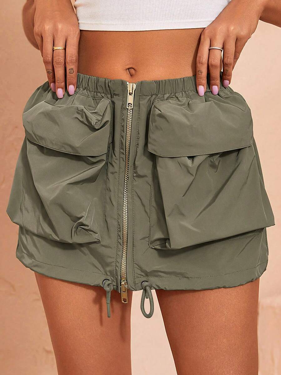 Flap Pocket Zip Front Drawstring Hem Cargo Skirt | SHEIN USA