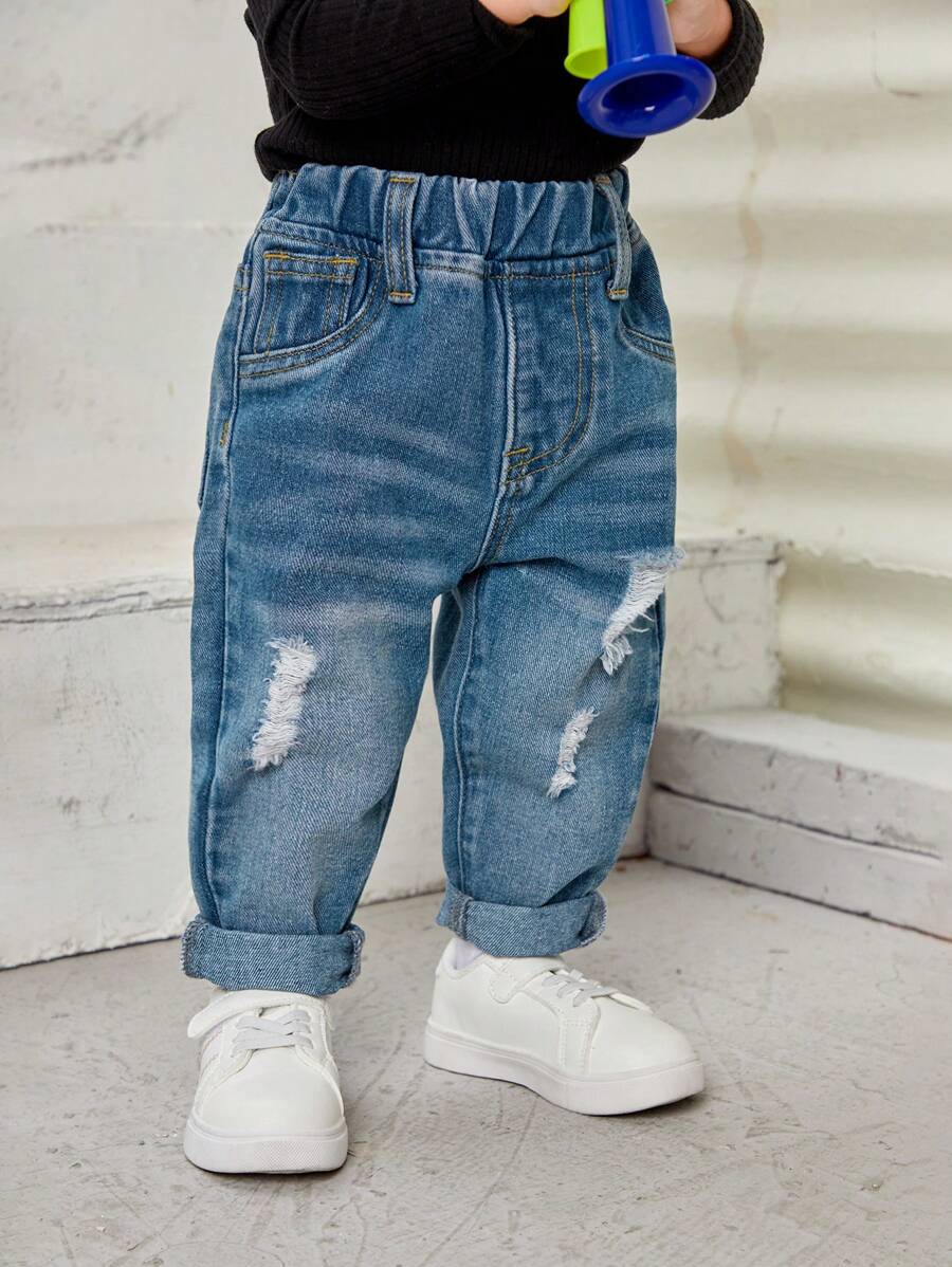 Baby Girl Ripped Frayed Elastic Waist Straight Leg Jeans | SHEIN EUR