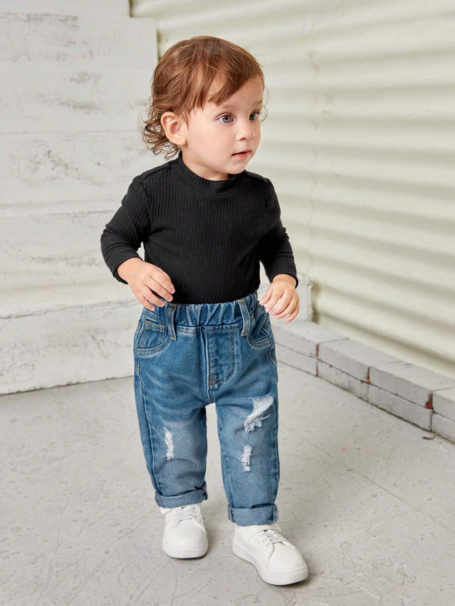 Baby Girl Ripped Frayed Elastic Waist Straight Leg Jeans | SHEIN EUR