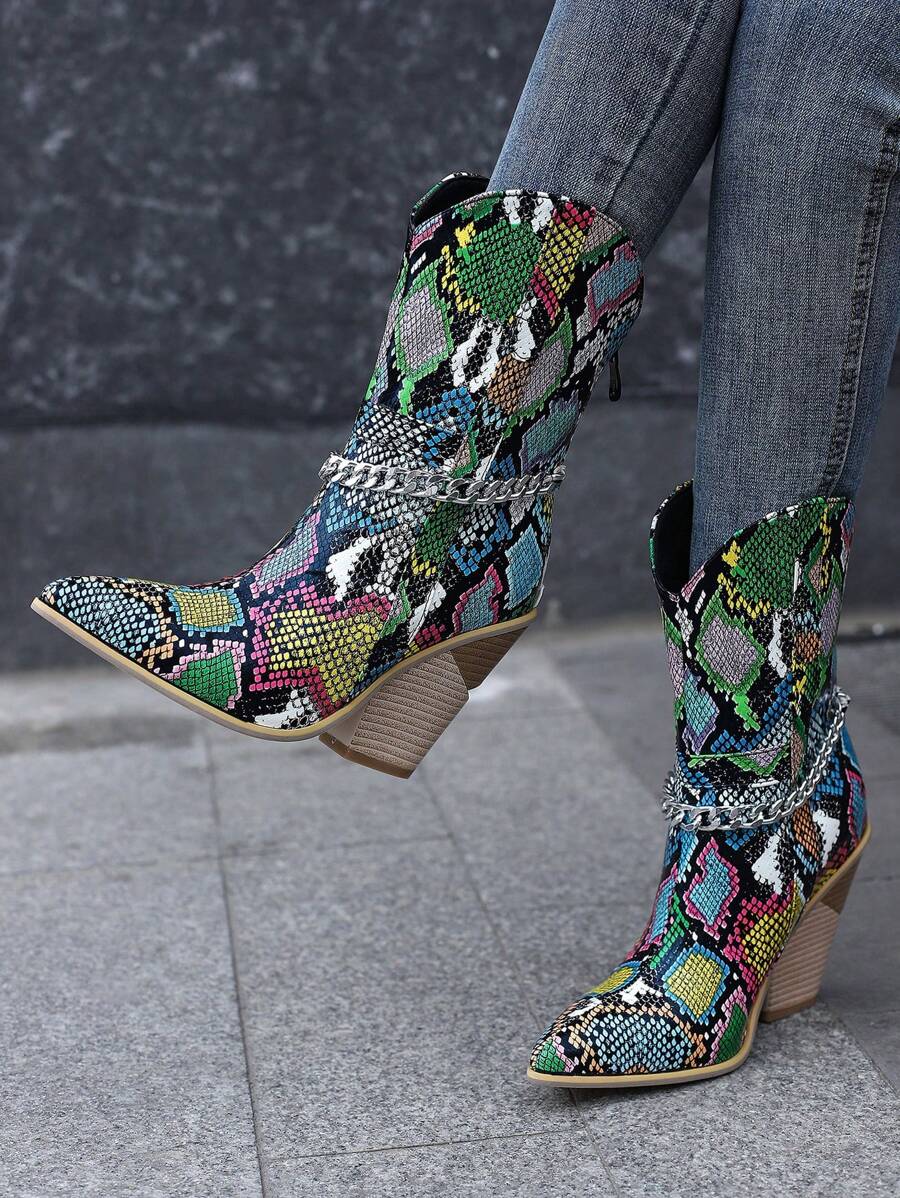 European Style Colorful Snake Pattern Western Boots With Imitation Wood Heels, Chain Decor For ...