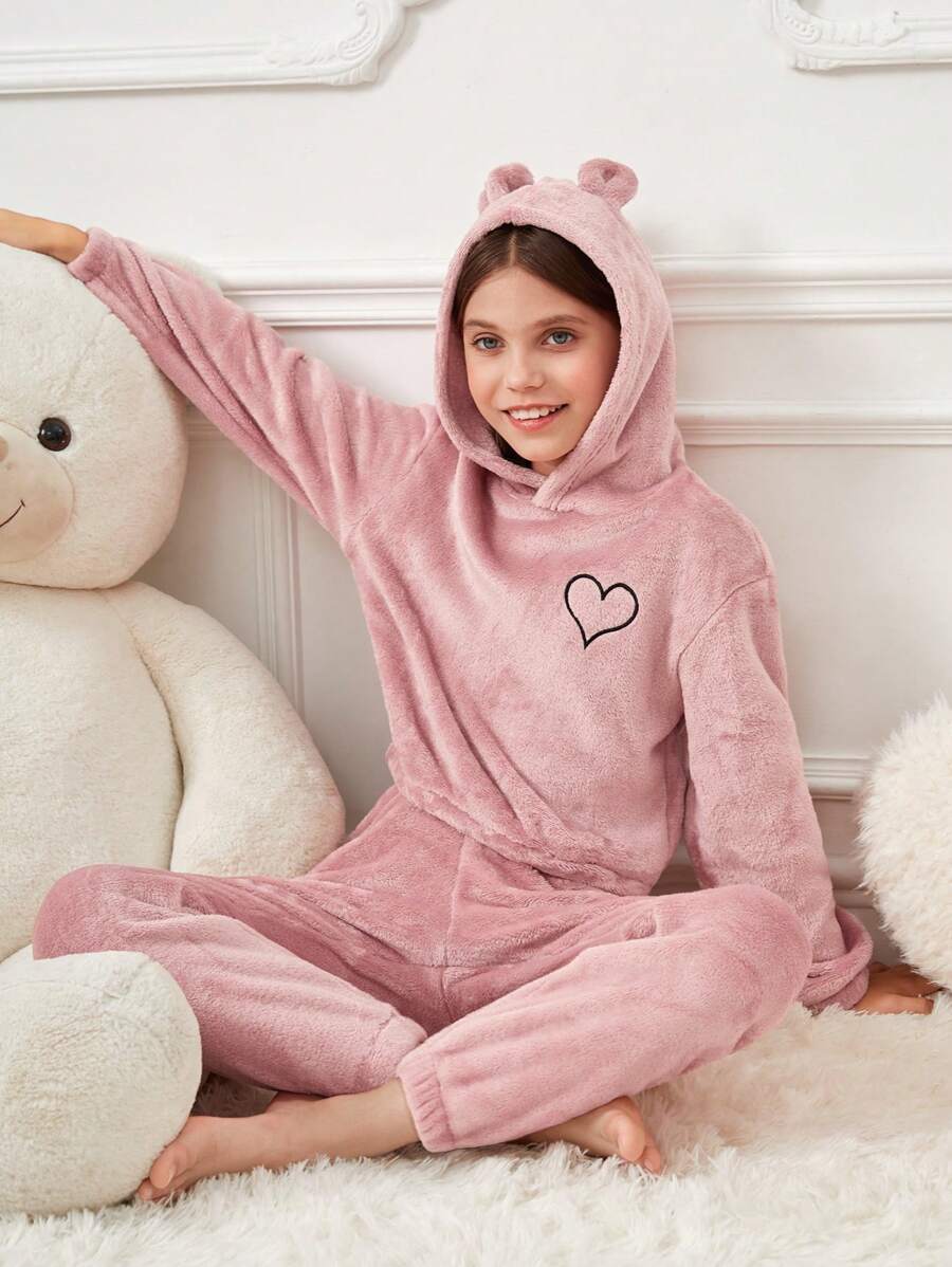Tween Girl Heart Embroidery 3D Ear Design Fuzzy Hooded PJ Set | SHEIN USA